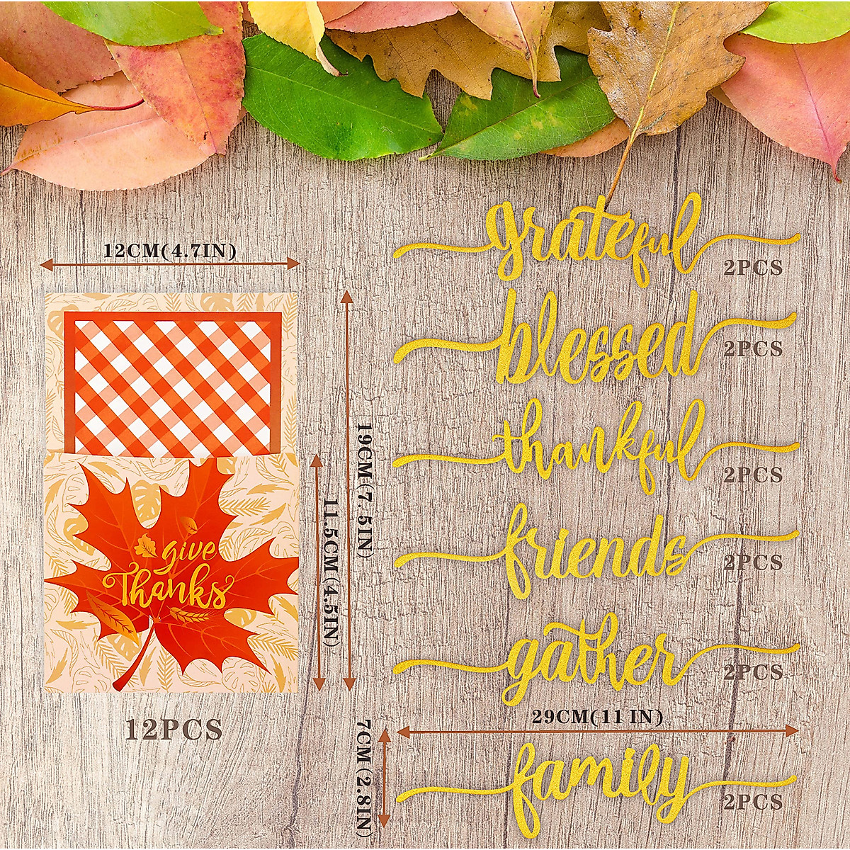 ANOTION Thanksgiving Table Decor, 12 Thanksgiving Cutlery Holder 12 Thankful Grateful Blessed Words Cutout Card Decor Glitter Table Place Card for Thanksgiving Turkey Utensil Décor