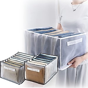 Wardrobe Clothes Organizer for Jeans Upgrade Style Thicker and Bigger,Sweater Organizer for Closet 7-9 Grids with Handle,Clothes Organizer for Folded Clothes (Grey)
