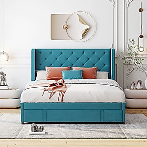 YuiHome Queen Size Velvet Upholstered Platform Bed with a Big Drawer, Queen Storage Bed with Wingback Headboard for Bedroom Guestroom, No Box Spring Needed, Blue