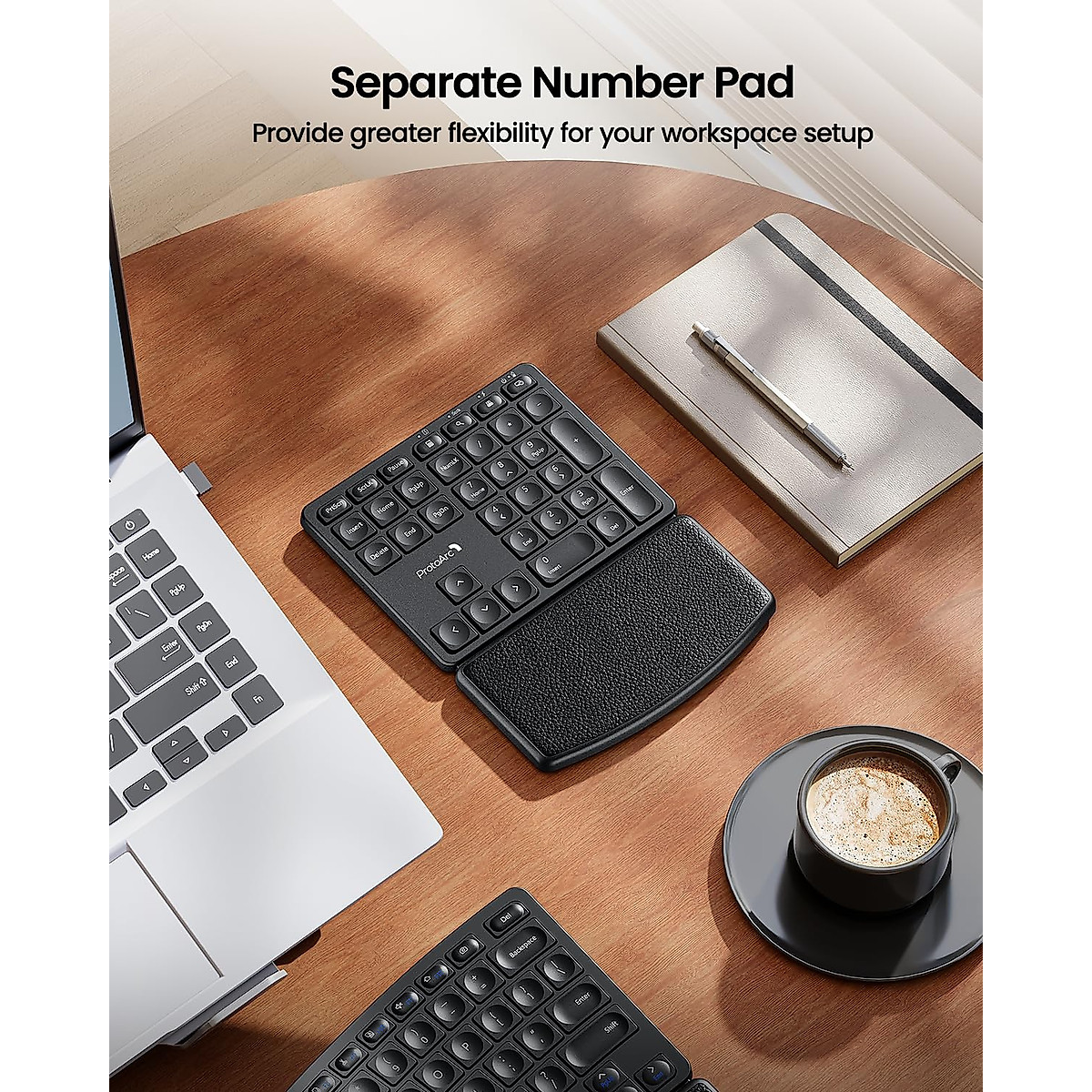 ProtoArc Wireless Ergonomic Keyboard, EK04 2.4GHz Wireless Ergo Keyboard with Separate Numeric Keypad, Split Design, Wrist Rest, Rechargeable, for Desktop, PC, Laptop