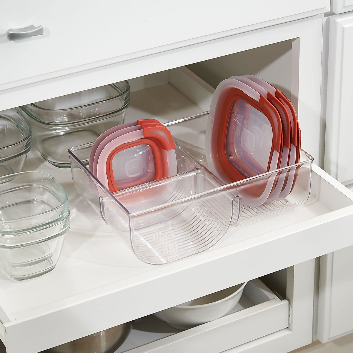 mDesign Food Storage Container Lid Holder, 3-Compartment Plastic Organizer Bin for Organization in Kitchen Cabinets, Cupboards, Pantry Shelves - Clear