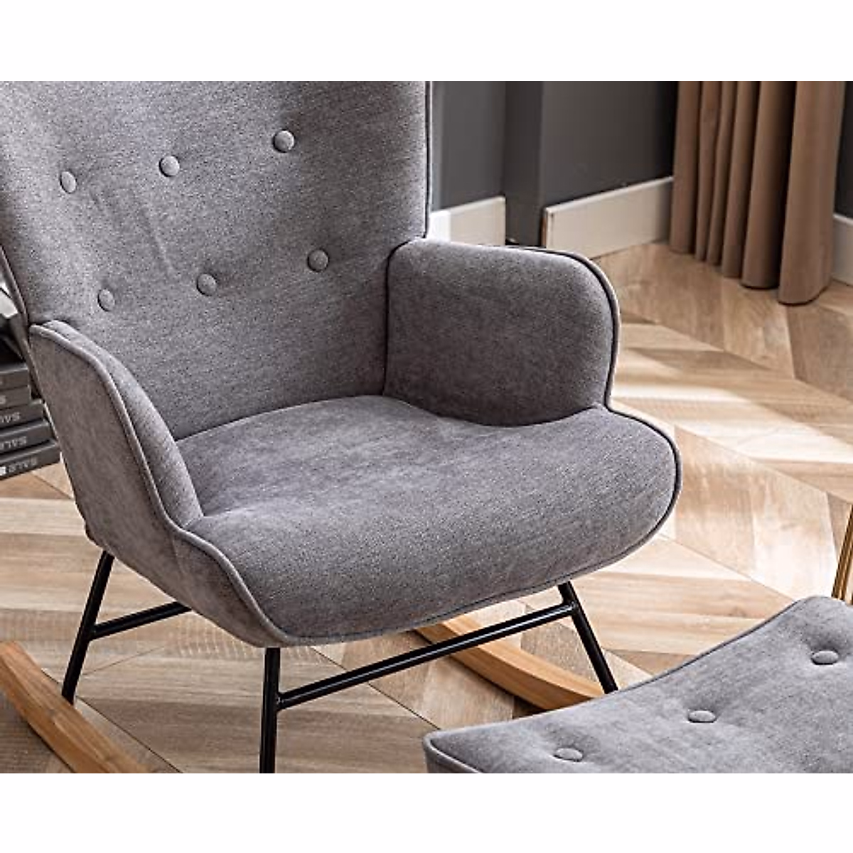 VESCASA Linen Rocking Chair with Tufted Wingback，23.5" Wide Midcentury Modern Indoor Glider Rocker with Arms for Nursery/Reading/Living Room/Bedroom, Grey