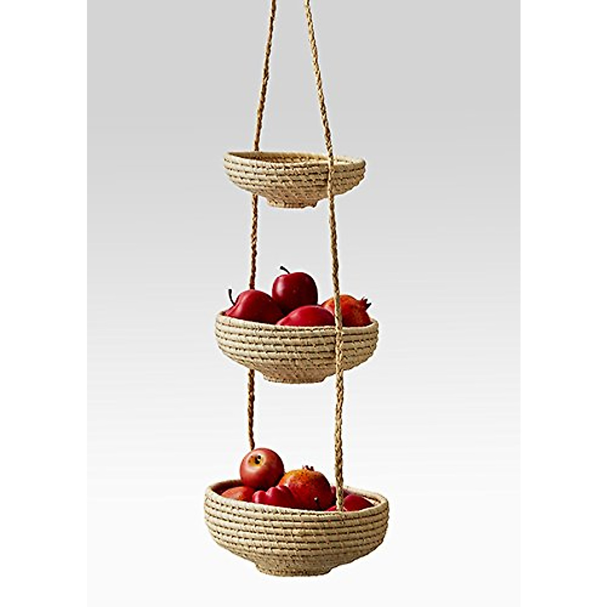 Serene Spaces Living Hanging Raffia Baskets for Your Kitchen – 3 Fair Trade Handmade Decorative Storage Baskets from Madagascar for Fruit and Vegetables