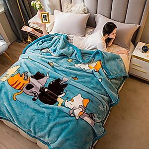 Korean Mink Blanket Plush Blanket Queen Size 80" x 90",8 Pounds Heavy Fleece Blanket Silky Soft Warm 2 Ply Cat Family Blue Throw A&B Printed Raschel Bed Blanket