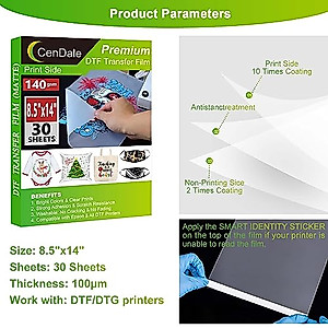 CenDale DTF Transfer Film 8.5"x14" - 30 Sheets Premium Thick Double Sided DTF Film for Sublimation Hack, Direct to Film Printing on Dark and Light T-shirts, Cold & Hot Peel DTF Paper, 140gsm Matte