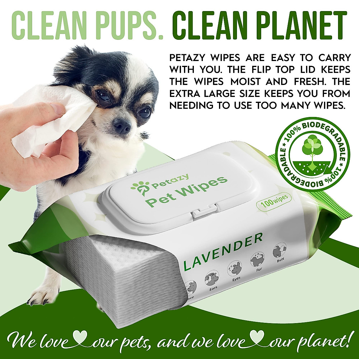 Petazy Dog Wipes for Paws and Butt Ears Eyes | Organic Pet Wipes for Dogs | Hypoallergenic Lavender Scented Dog Wipes Cleaning Deodorizing | Extra Thick Plant Based Wipes Dogs Cats Pets | 100 Count