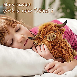 SODWEF Cute Highland Cow Stuffed Animals,10.5 inches Realistic Cow Plush Toy,Highland Cattle Farm Toy Gift for Adults Kids Boys Girls Birthday Plush Gifts (Brown Cow)