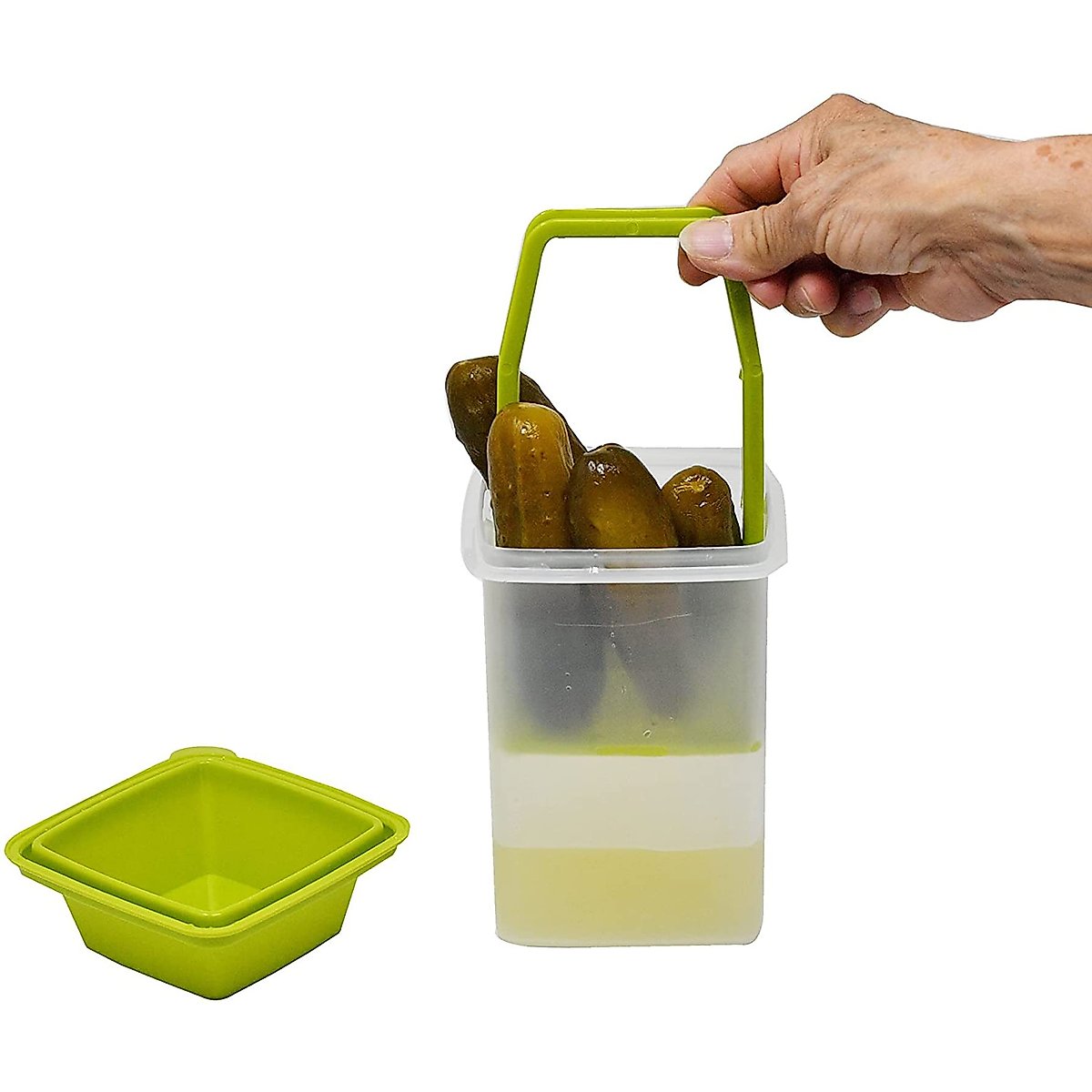 Home-X Set of 2 Pickle Storage Containers, Straining Pickle Jar, Filter Insert, Sieve Food Saver Container, 7 ½” L x 4 ¼” W x 4 ¼” H, Set of 2, Green