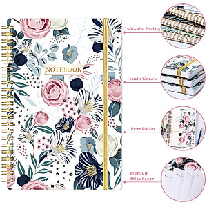 Spiral Notebook - 3 Pack A5 Lined Notebook, Spiral Journal for Women, 5.7" x 8.4", 160 Pages, College Ruled Writing Notebook with Back Pocket, 100gsm Paper, Elastic Closure for Office & School
