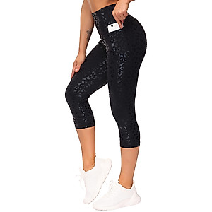 THE GYM PEOPLE Tummy Control Workout Capris Leggings with Pockets High Waist Athletic Yoga Pants for Women Running Hiking Silver/Black
