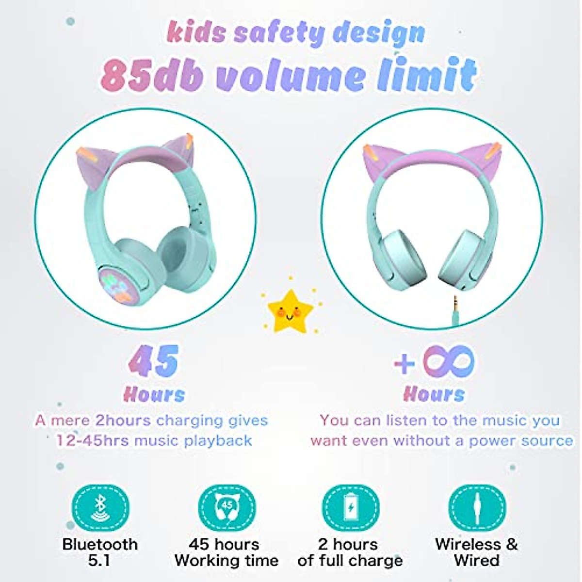 Riwbox CF9 Cat Ear Kids Bluetooth Headphones with LED Light Up,Safe 85dB Volume Limit,Built-in Mic&Boom Mic for Calls,Kids Wireless&Wired Headphones for Girls/Toddler/Online Learning/School (Green)