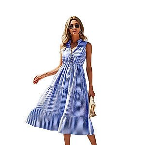 Floerns Women's Striped Print Notched Neck Sleeveless Ruffle A Line Midi Dress Blue and White XL