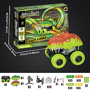 OSALON Dinosaur Race Car Tracks Toys Set for Kids Boys Girls Ages 3 4 5 6+ Electric Dinosaur Turkc Cars with Strong Suction Cup,Steady Tripod 130+ Pcs Train Car Tracks Birthday Gift Christmas