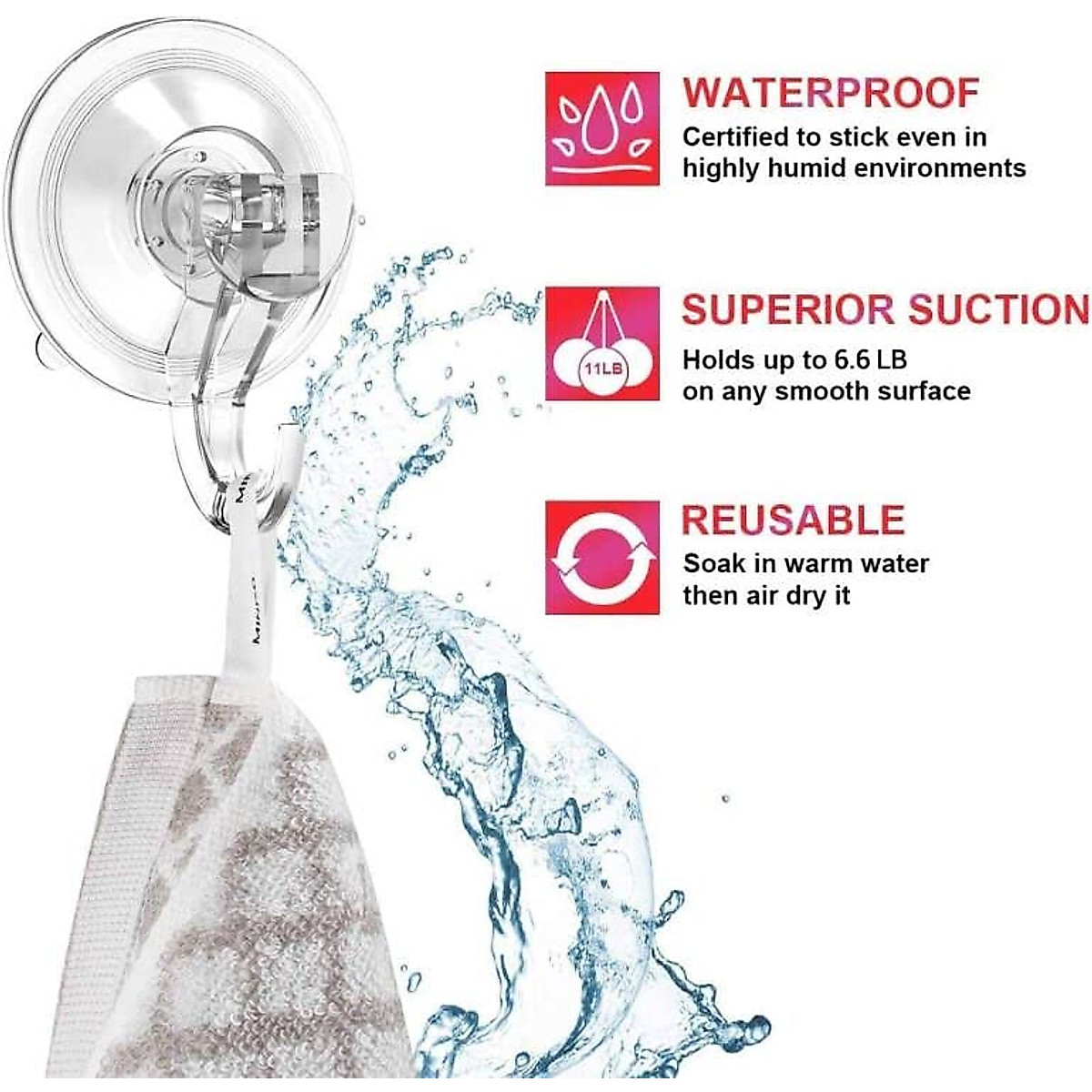 Elegear Suction Cup Hooks for Shower, 2 Pack Waterproof Reusable Shower Suction Hooks, Clear Suction Shower Hooks Hold up to 6.6LB Wreath Suction Hook for Christmas Wreath Loofah Towel Sponge