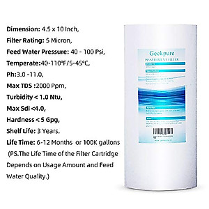 Geekpure Whole House Water Filtration System with 10-Inch Big Clear Housing with 4.5"x 10" 5 Micron PP Sediment Filters-1"NPT Inlet/Outlet