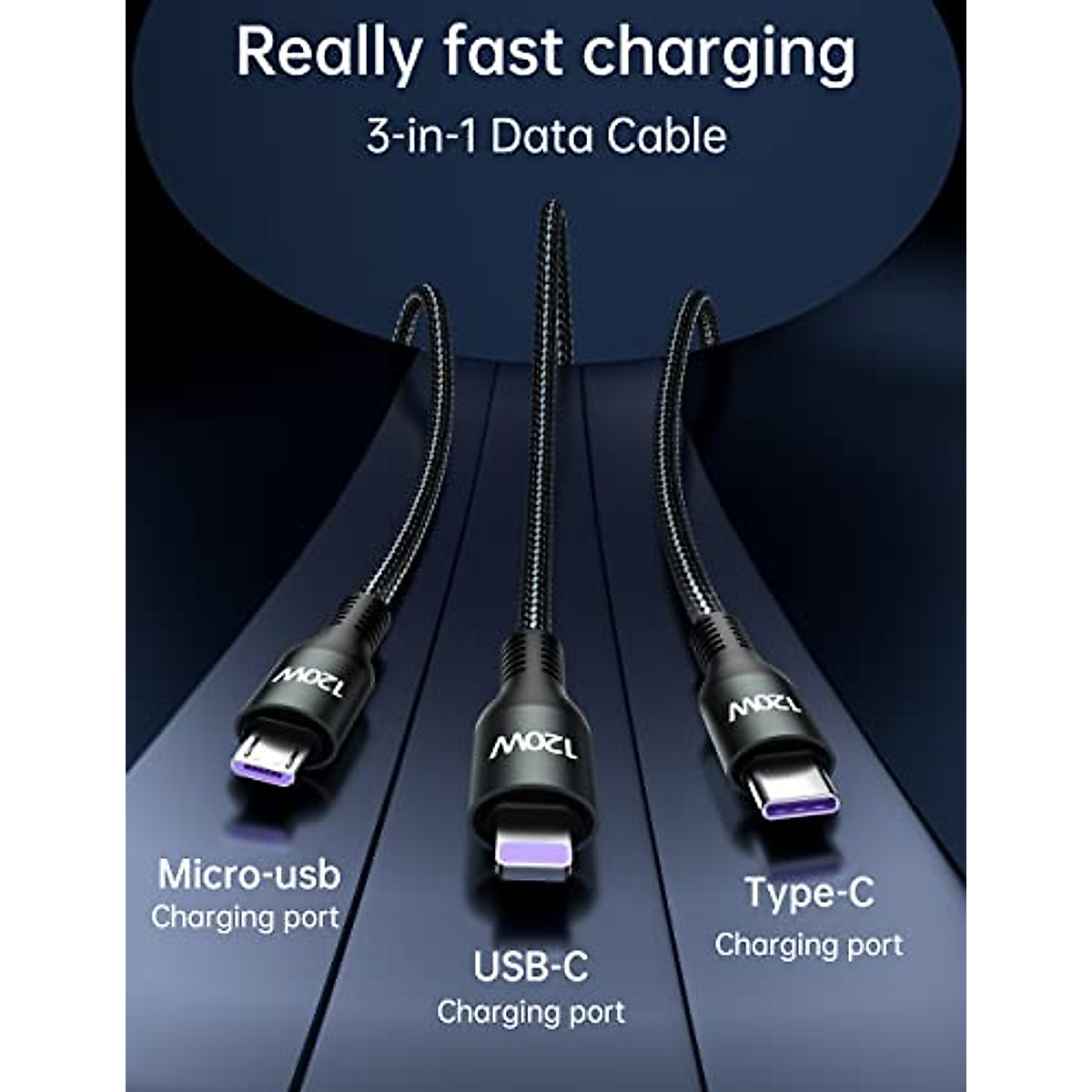 Quikbee Multi Charging Cable, 4ft/1.2m, 3 in 1 Fast Charging Cable Nylon Braided USB-C/Type c Charging Cable/Micro-USB Ports for Mobile15 14 13 12 11 xs x, Samsung,Huawei，and Other Devices.