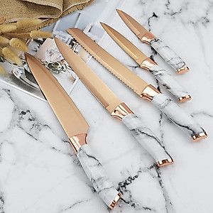 Knife Set Non Stick, Champagne Gold Knives Set with Acrylic Storage Block, 6 Pieces Sharp Knife Set, Stainless Steel Beautiful White Marbling Handle Rainbow Blade Kitchen Knife (Champagne Gold Blade)