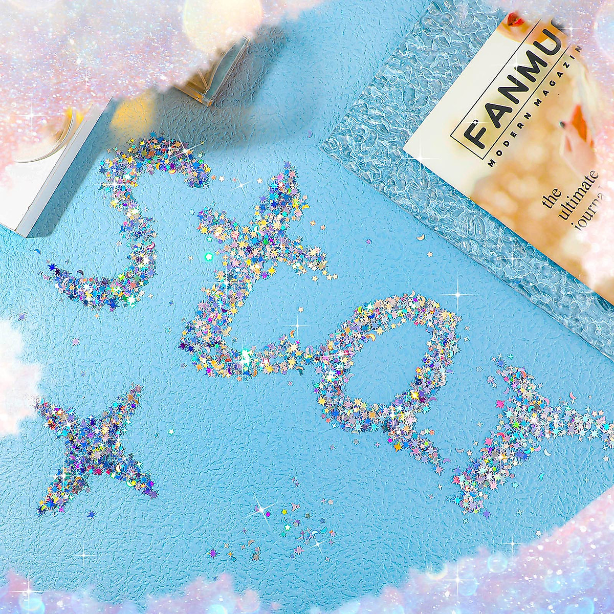 60 g/ 2.1 oz Holographic Star and Moon Table Confetti Iridescent Metallic Glitter Foil Confetti Sequin Star Moon Scatter for Halloween Birthday Wedding Festival Party DIY (10 mm, 6 mm, Silver)