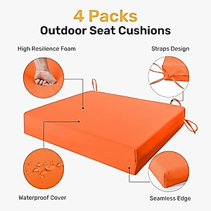 UNIKOME Outdoor Chair Cushions Pack of 4, Waterproof Patio Cushions with Ties, High Density Sponge Filling Square Corner Seat Cushions for Outdoor Furniture, 18.5"x16"x3", Orange