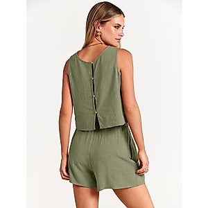 ANRABESS Women’s Summer 2 Piece Linen Shorts Sets Sleeveless Crop Top Romper Lounge Set 2024 Trendy Beach Outfits Olive Small