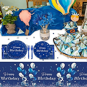Navy Blue and Silver Birthday Party Supplies Tablecloths Tableware Sets Dessert Plates Napkins Forks for Men Women Birthdays Weddings Decoration Favors