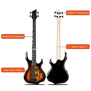 Ktaxon Electric Bass Guitar Full Size Flame Design Bass Set with 20 Watt Amplifier, Portable Bass Bag, Superior Amp Wire, Adjustable Guitar Strap, Plectrum, Wrench Tool(Sunset)