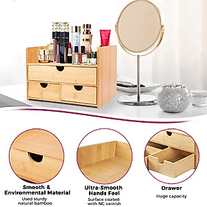 TOLONAG Large Bamboo Makeup Organizer with 1 Drawer and 2 Smaller Drawers, 100+1 Uses, Durable and Smooth