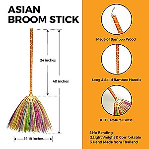Natural Grass Broom Thai Vintage Retro Handmade Broom, Housewarming Gift, Witch Broom, Thai Broom, Broomstick, Bamboo Stick Embroidered Nylon Handle, Kong Grass Broom, Thick Broomstick, Durable Broom