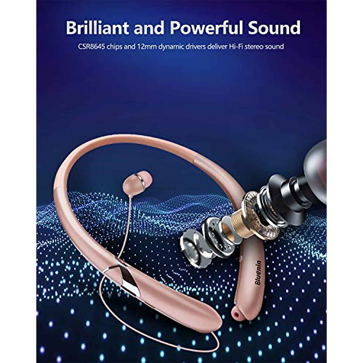 Bluenin Bluetooth Headphones, Bluetooth Neckband Wireless Headphones Bluetooth 5.0 Retractable Earbuds Stereo Headset CVC 8.0 Noise Cancelling Call Vibrate Alert Earphones with Mic (Rose Gold)