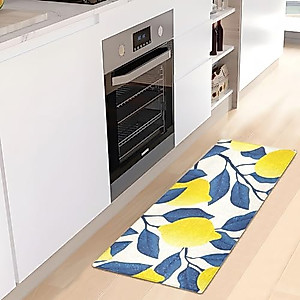 Fluffy Floor Carpet-Tropical Blue Leaf Yellow Lemons，39x20in Front Door Mat Indoor Machine Washable Carpet,Aesthetic Rug