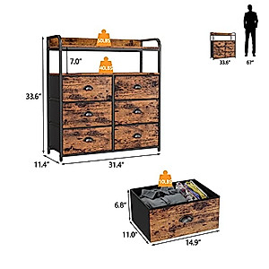 Furologee Rustic Wide Storage Cabinet with Shelf, 6 Drawer Dresser Fabric with Double Shelf for Bedroom, Living Room Entryway, Rustic Bins, Sturdy Metal Frame
