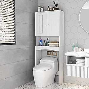 AWQM Over The Toliet Storage, Bathroom Over Toliet Storage Cabinet with Shelves and Doors, Bathroom SpaceSaver Organizer - White