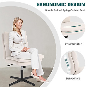 LUCKWIND Armless Home Office Desk Chair No Wheels, Modern Double Padded Ergonomic Vanity Chair, Mid-Back Height Adjustable Cushioned Swivel Task Chairs, Wide Seat (Creamy White)