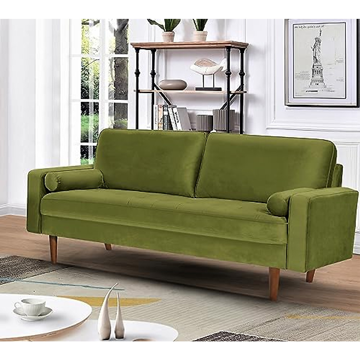 US Pride Furniture Velvet 70" Sofa Couch, Iconic Mid-Century Style Living Room Furniture with Contemporary Silhouette, Button Tufting and Wood Legs, Includes 2 Bolster Pillows, Olive Green