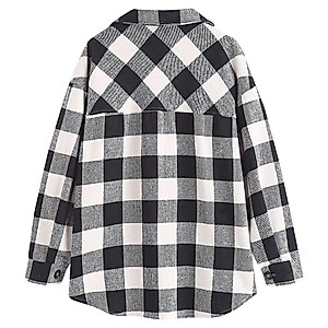 ZAFUL Women's Plaid Long Sleeve Shirt Button Down Wool Blend Thin Jacket Casual Blouse Tops with Pocket Black and White