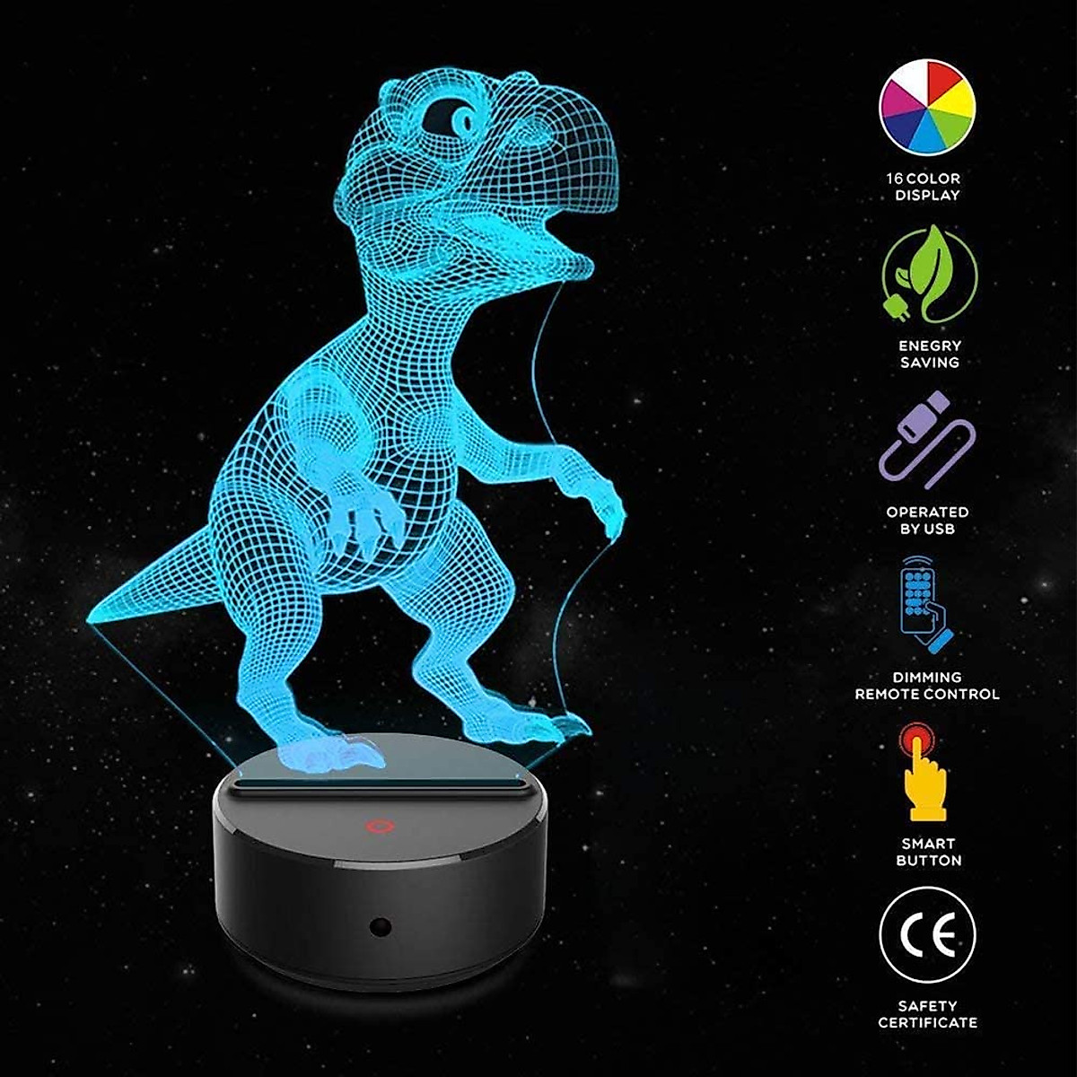 AmazeFan Dinosaur Night Light for Kids-3D Bedside Lamp 16 Colors Change Remote Control with 2 Acrylic Flats Best Christmas Birthday Gifts for Boys Girls Kids Baby (2 Dinosaurs)