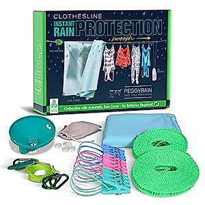 Clothes Line with Automatic Rain Cover - 16ft Outdoor Washing Line, 6ft Waterproof Cover - Air Dry Your Laundry in All Weather, Suitable for Balconies, Backyards by Peggy Rain Green