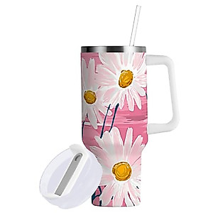 PaChyLuu 30 oz Insulated Tumbler with Handle and Straw Lid, Adorable Daisy Leak-Proof Stainless Steel Travel Coffee Mug for Car Cup Holder