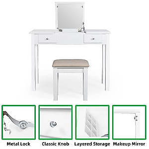 AODAILIHB Vanity Table with Flip Top Mirror Makeup Dressing Table Writing Desk with Cushioning Makeup Stool Set, 2 Drawers 3 Removable Organizers Easy Assembly (White)