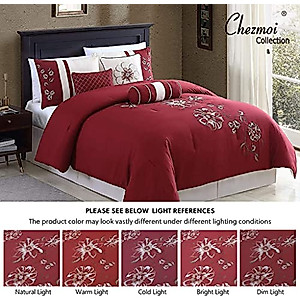 Chezmoi Collection Miranda 7-Piece Red Beige Floral Hibiscus Embroidery Comforter Set, California King