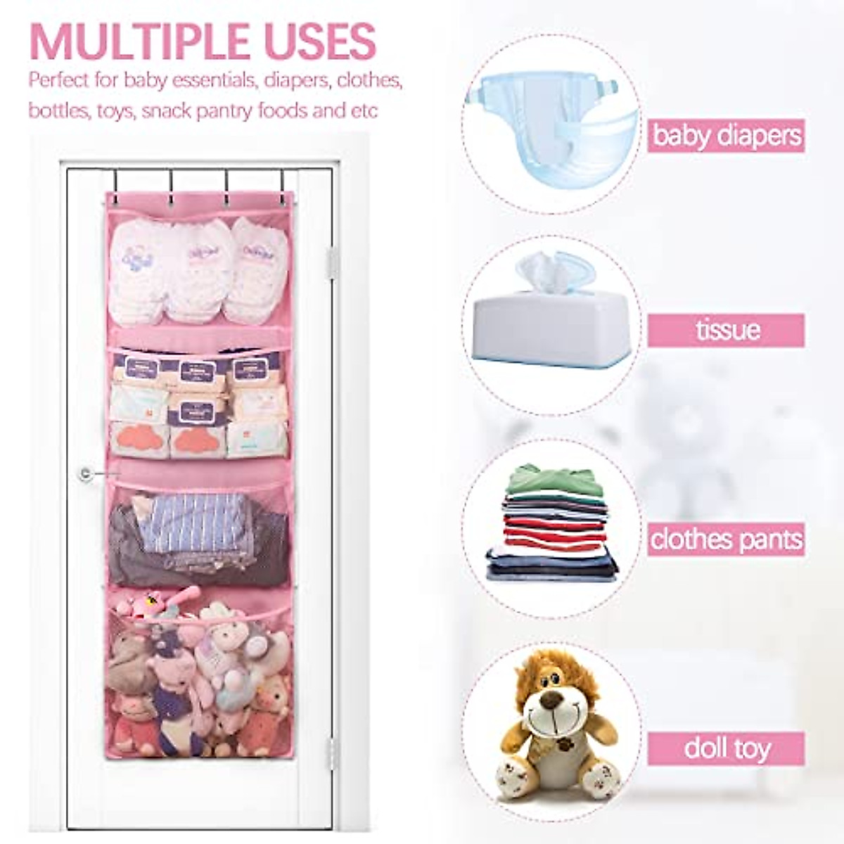 Stuffed Animal Storage, Over The Door Organizer Storage for Closet, Baby, Plush Toy, Stuffed Animal Holder with 4 Large Pockets, Hanging Door Organizer for Nursery, Bedroom, Bathroom, Kids Room (Pink)