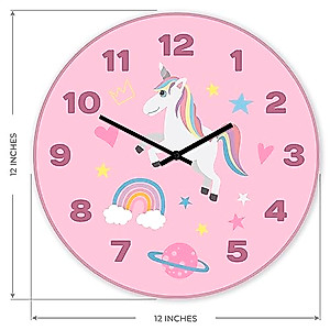 Soul Decor Pink Unicorn and Rainbow Wall Clock, Silent Non-Ticking, Girl/Boy Room Unisex Clock for Children Bedroom Decor, Made in The USA 12 Inch Round