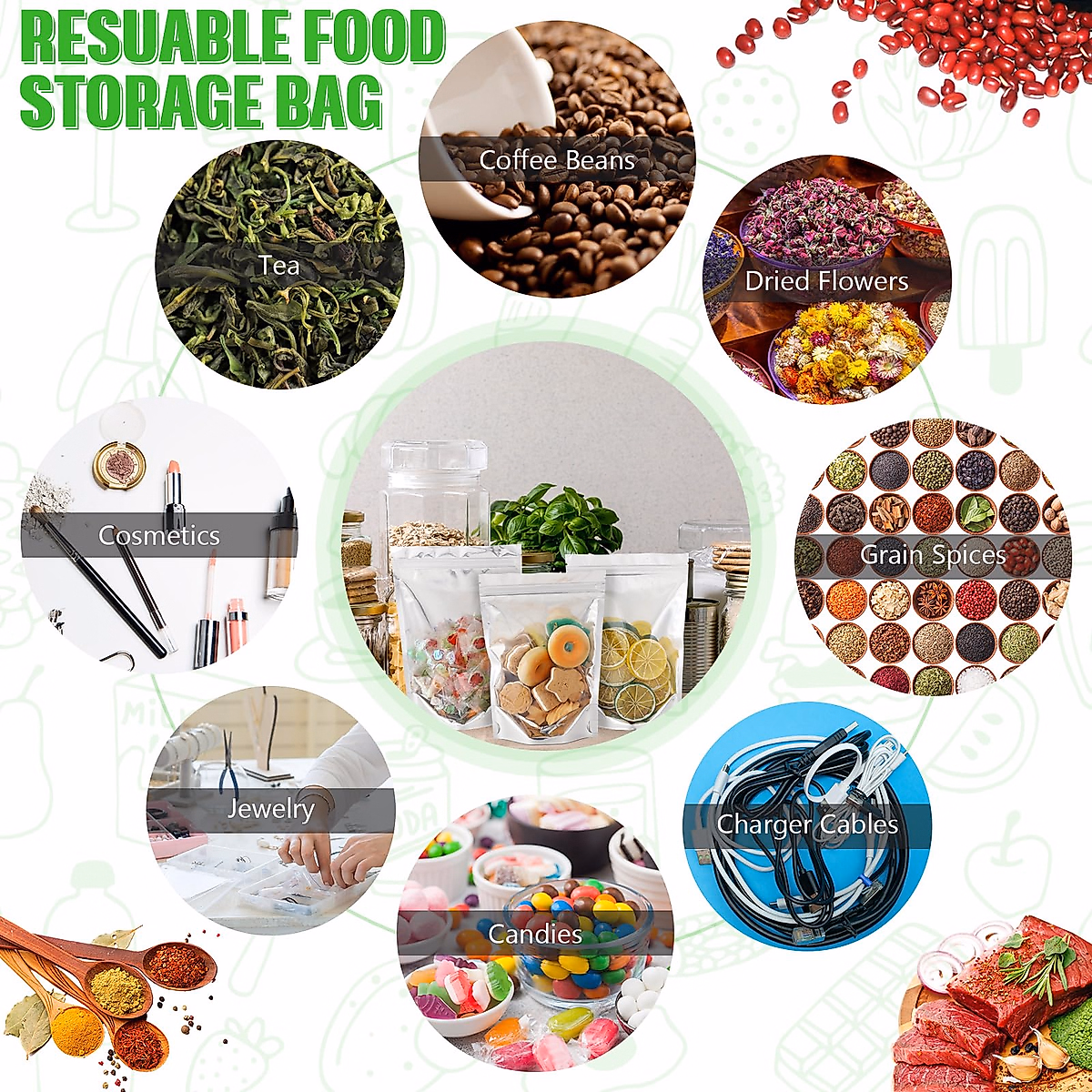 ZCYSRLQIN 200 Pieces Reusable Aluminum Foil Stand Up food storage bag Plastic Zipper Food Candy Storage Sealable Duty Reclosable Bags and Heat Sealable Food Storage Bags （4 x 6 inch）