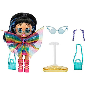 Barbie Extra Mini Minis with Blue-Streaked Black Ponytail Wearing Rainbow Dress & Accessories & Stand, 3.25-inch