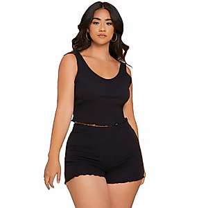 Floerns Women's Plus Size Rib Knit Crop Tank Top and Shorts Pj Set Sleepwear Black 1XL