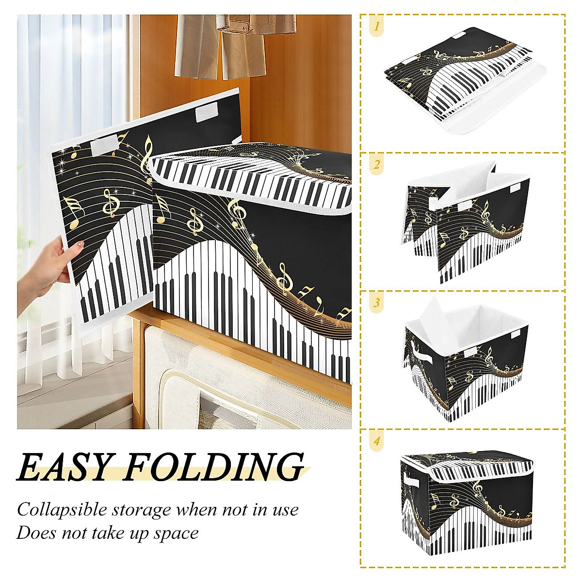 xigua Music Note Piano Key Storage Bins with Lids Foldable Large Cube Storage Boxes with Handles for Home Bedroom Closet Office (16.5x12.6x11.8 in)#22