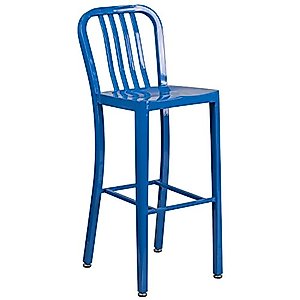 Flash Furniture Commercial Grade 30" High Blue Metal Indoor-Outdoor Barstool with Vertical Slat Back