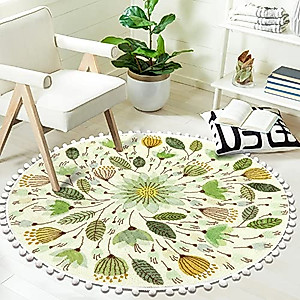 Uphome Round Throw Rugs for Bedroom 4' Circle Cute Area Rug with Pom Poms Fringe Floral Plant Washable Non-Slip Soft Floor Mats for Entryway Laundry Living/ Kids Room Nursery, Green