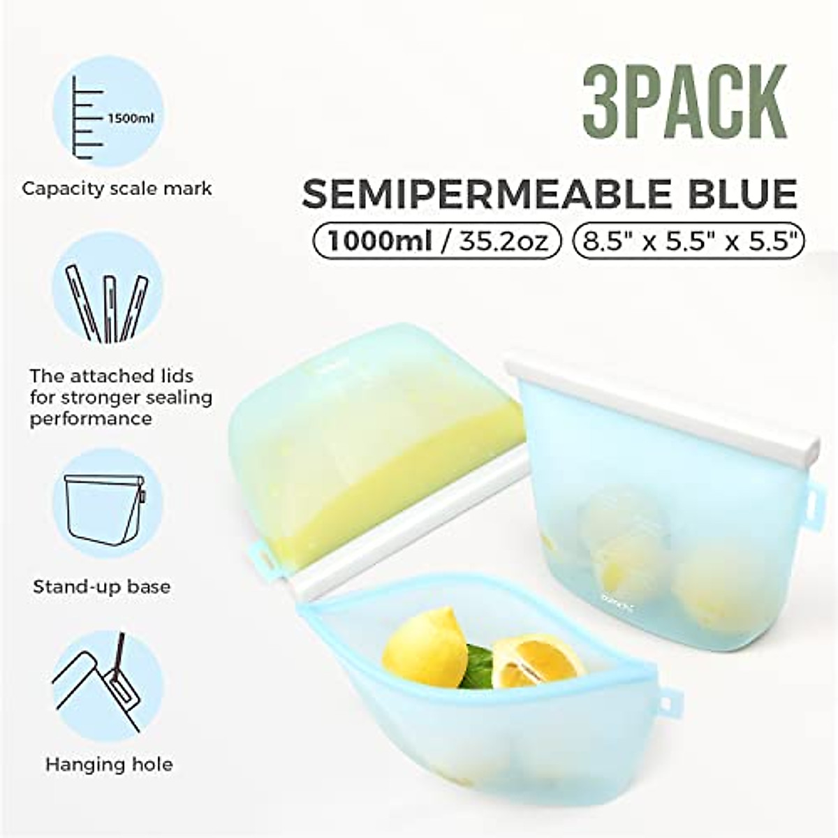 ZOMCHI Silicone Reusable Food Storage Bags, Leakproof Reusable Sandwich Containers, Snack Bags, Microwave Dishwasher Oven Freezer Safe, Food Grade Storage Bag for Meal Prep,Cereal,Fruit, 3 Pack, 33.82oz