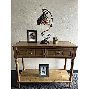 Enjoy Tiffany Style Table Lamp Stained Glass Rose Flowers Iron Metal Leaves Bronze Base Vintage for Living Room Dining Room Bedroom Bedside Office Hotel H21*W11 in